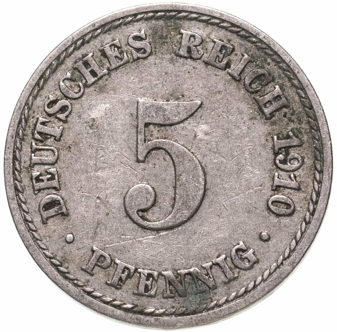 Германия 5 пфеннигов 1910, знак монетного двора: "A" - Берлин, Никель, в сохранности VF-XF