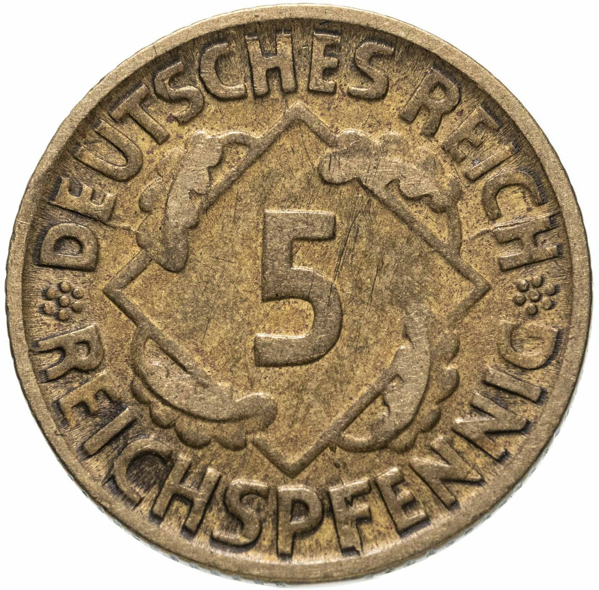 Германия 5 рейхспфеннигов reichspfennig 1925, знак монетного двора "D" — Мюнхен, Бронза, в сохранности XF