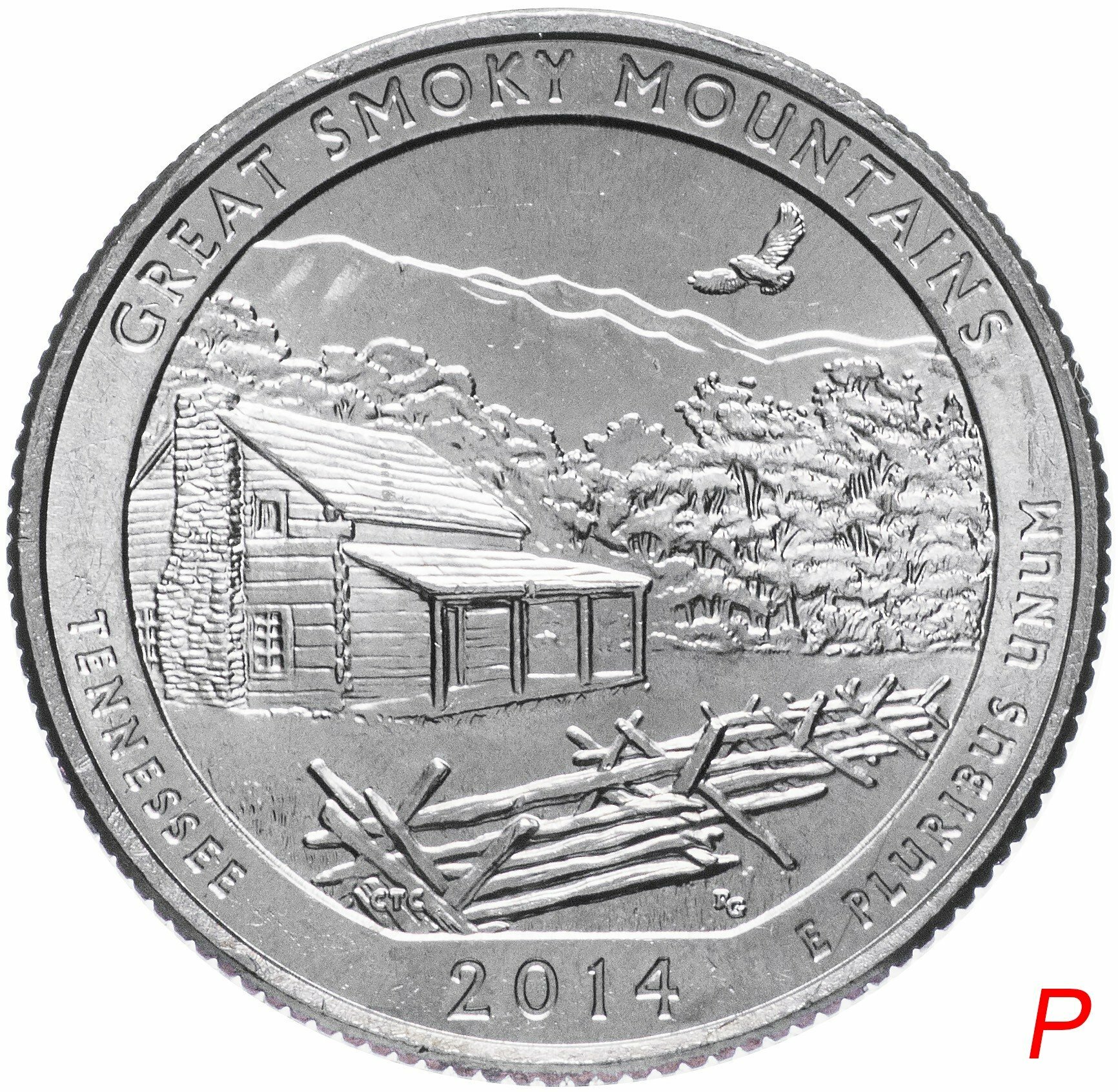 США 1/4 доллара 25 центов, квотер 2014 P — "Национальный парк Грейт-Смоки-Маунтинс" 21-й парк, Мельхиор медь-никель, в сохранности UNC