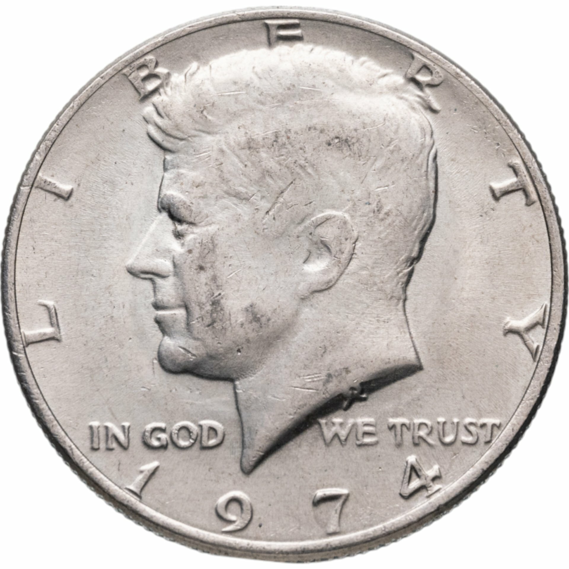 США 50 центов 1/2 доллара, half dollar 1974 "Kennedy Half Dollar Кеннеди" Без обозначения монетного двора, Медь с медно-никелевым покрытием, в сохранности VF-XF