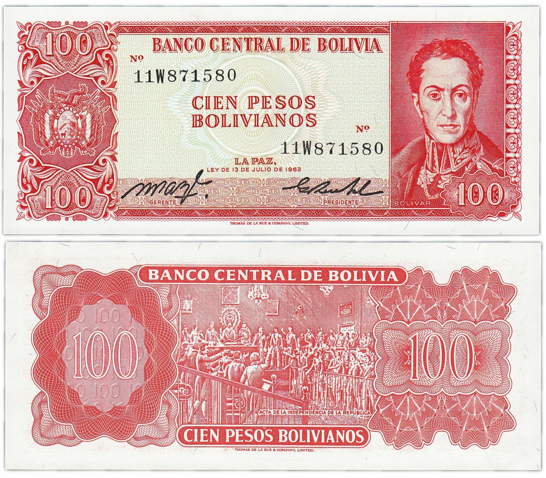 Боливия 100 песо боливиано 1962 год 1983 Pick 164a