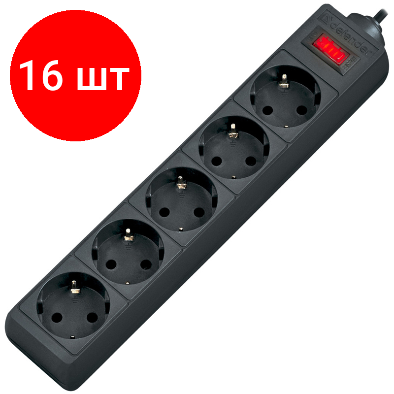Комплект 16 шт, Сетевой фильтр Defender ES 5 розеток 1.8м, черный