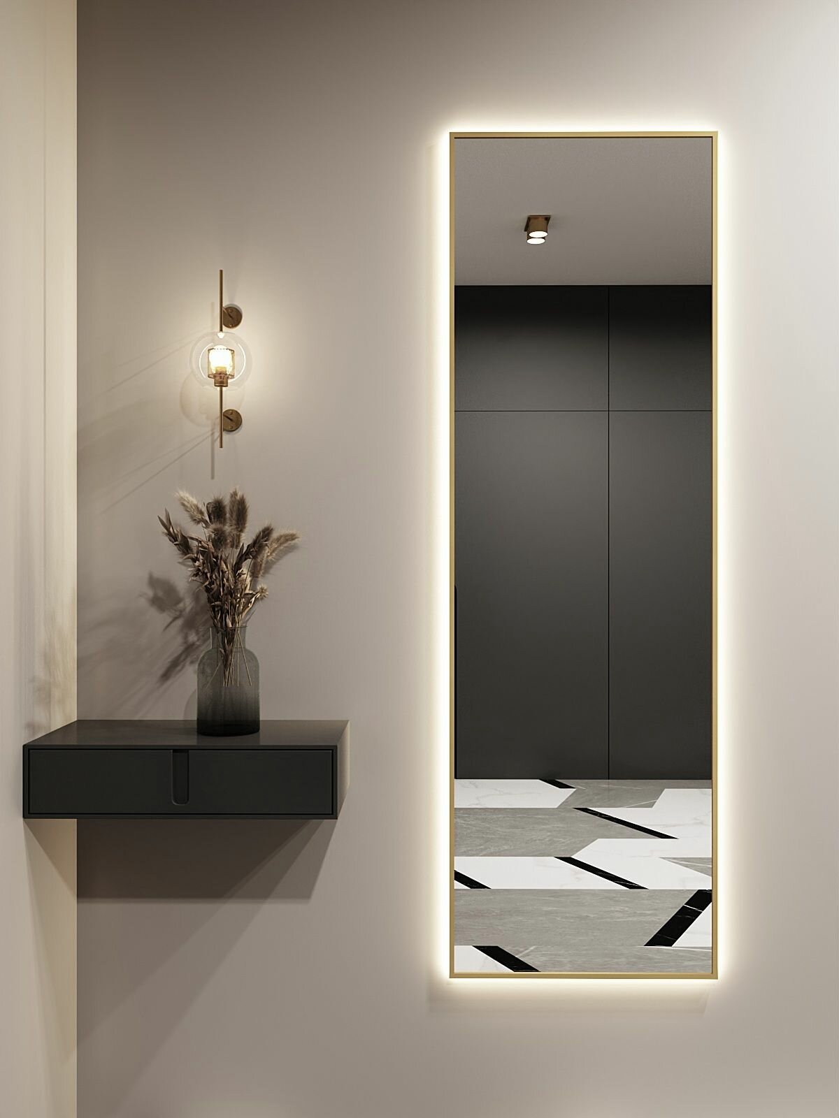 Зеркало настенное 160х50 см золото с подсветкой Свет: Нейтральный белый 4500К В алюминиевой раме интерьерное BLX MIRROR