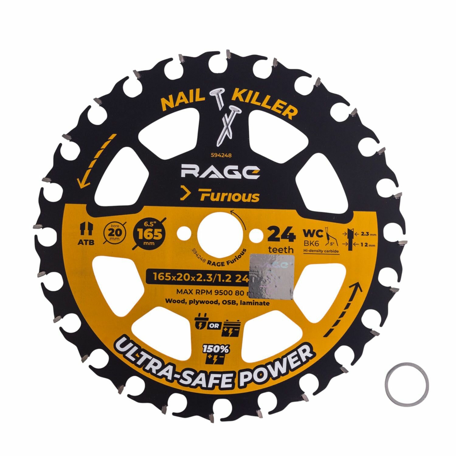Диск пильный RAGE Furious Wood&Nails 165 мм 24 зуба посадка 20 мм + кольцо 16 мм 594248