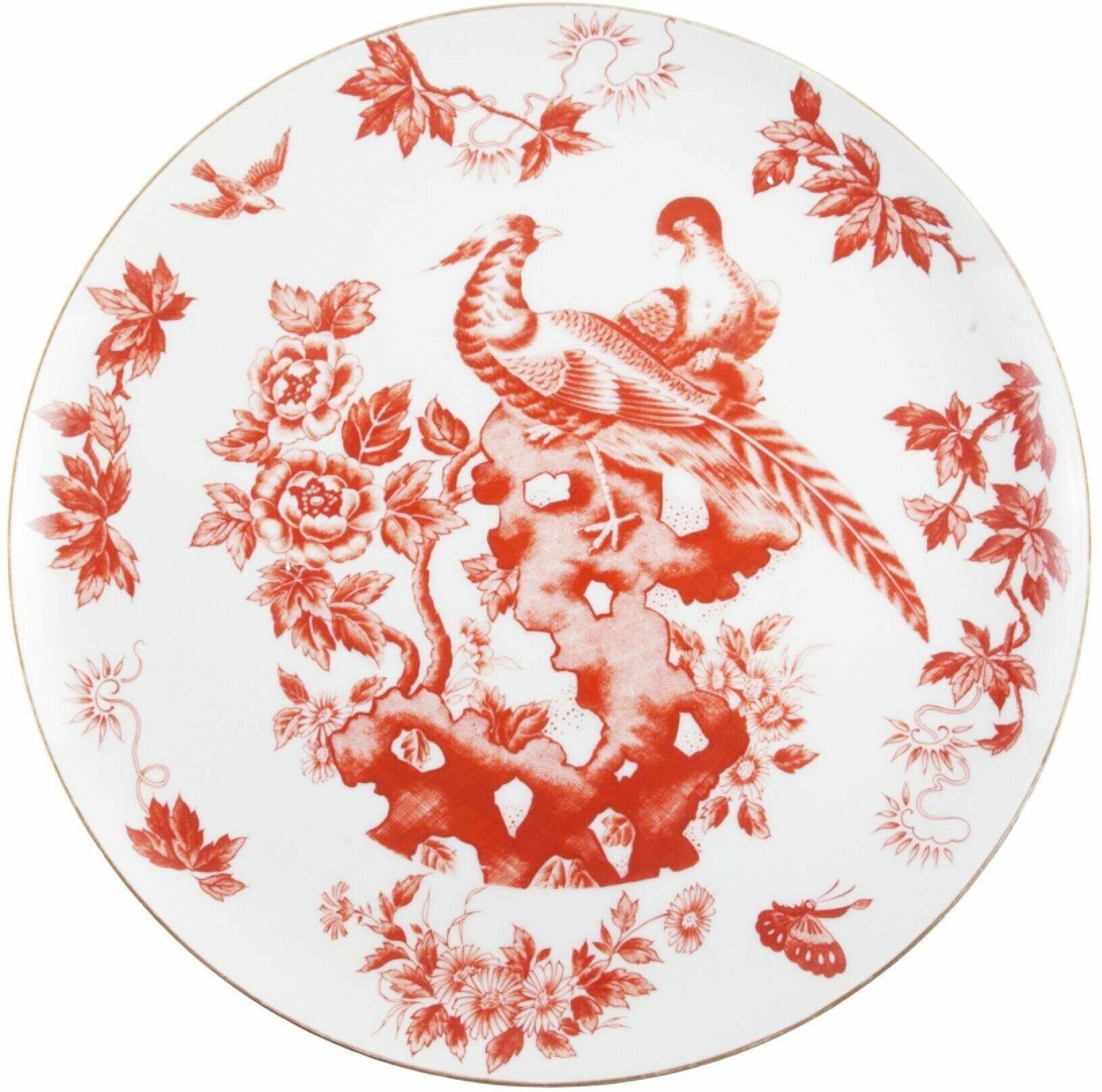 Декоративная большая тарелка "Красные фазаны". Фарфор, деколь, золочение. США, вторая половина ХХ века.