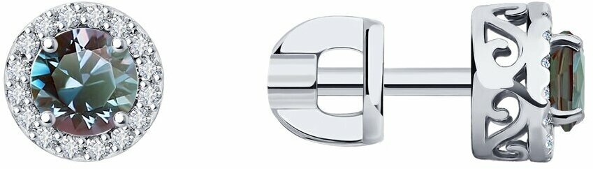 Серьги пусеты, белое золото, 585 проба, александрит синтетический, бриллиант