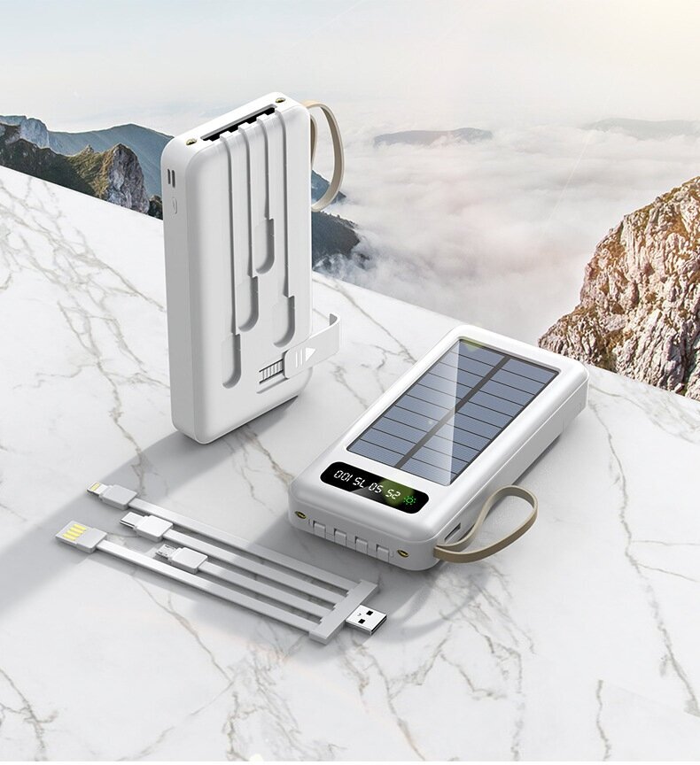 Новый съемный пауэрбанк на солнечной батарее с 4 кабелями, цифровым дисплеем, емкостью 30000 мАч, подставкой, оптовая продажа от производителя.