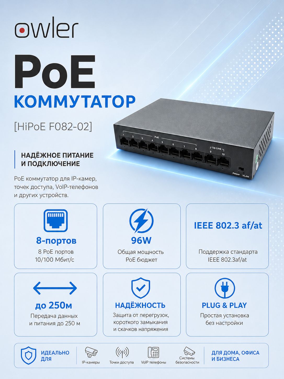 Коммутатор (свитч) 8 PoE портов + 2 Uplink 100Мбит/с, 96Вт, Owler HiPOE F082-02 WATCHDOG, до 250м