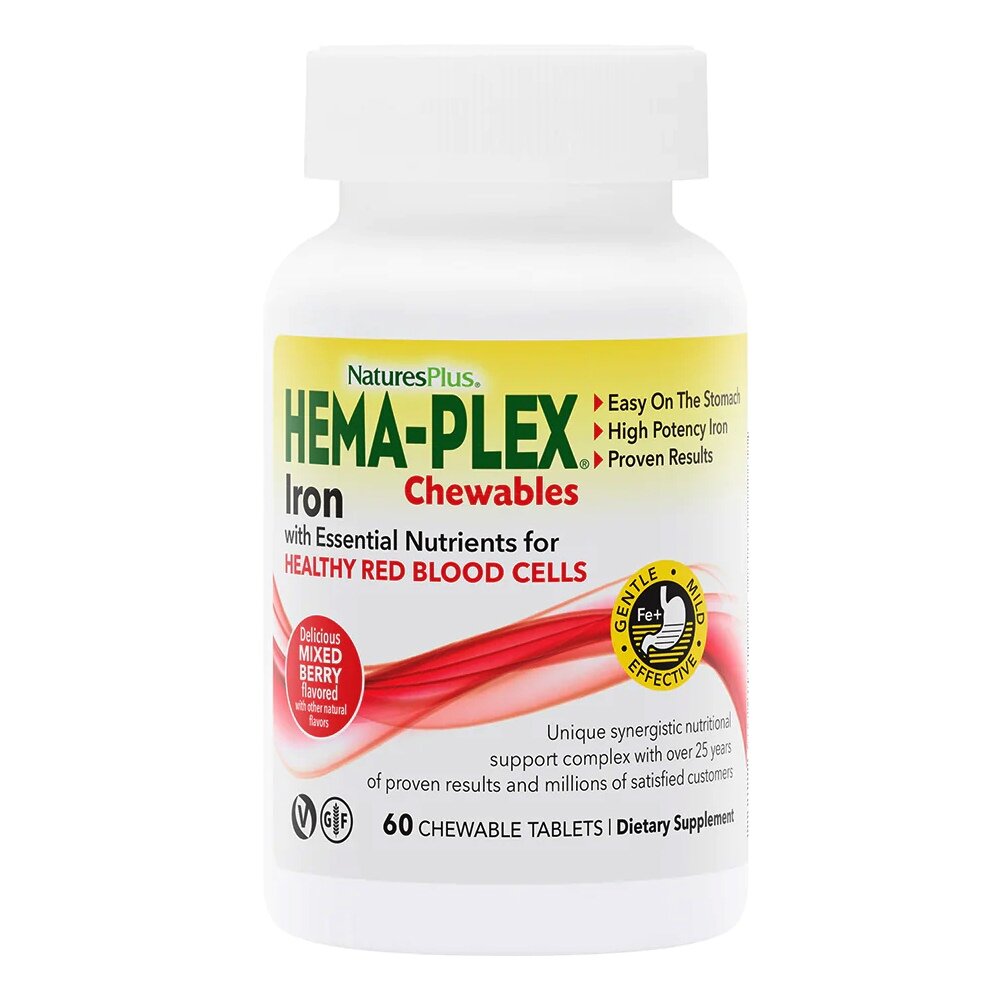 NaturesPlus Hema-Plex Iron Chewables, 60 таблеток жевательных, Вкус Mixed Berry / Ягодный Микс