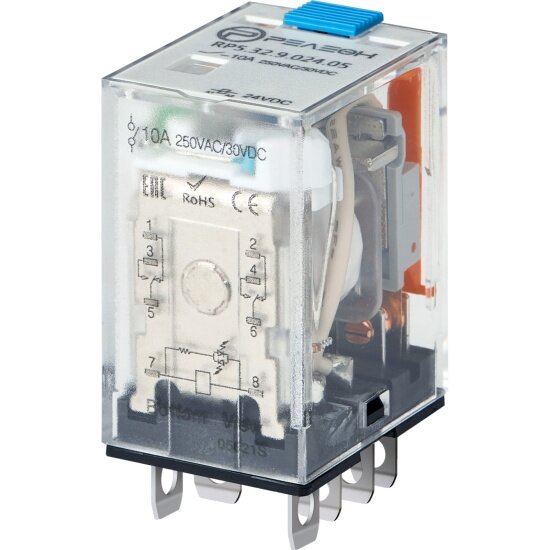 Миниатюрное силовое реле Релеон 2 CO контакт 10А, 24В DC, блок. кнопка проверки, RP532902405