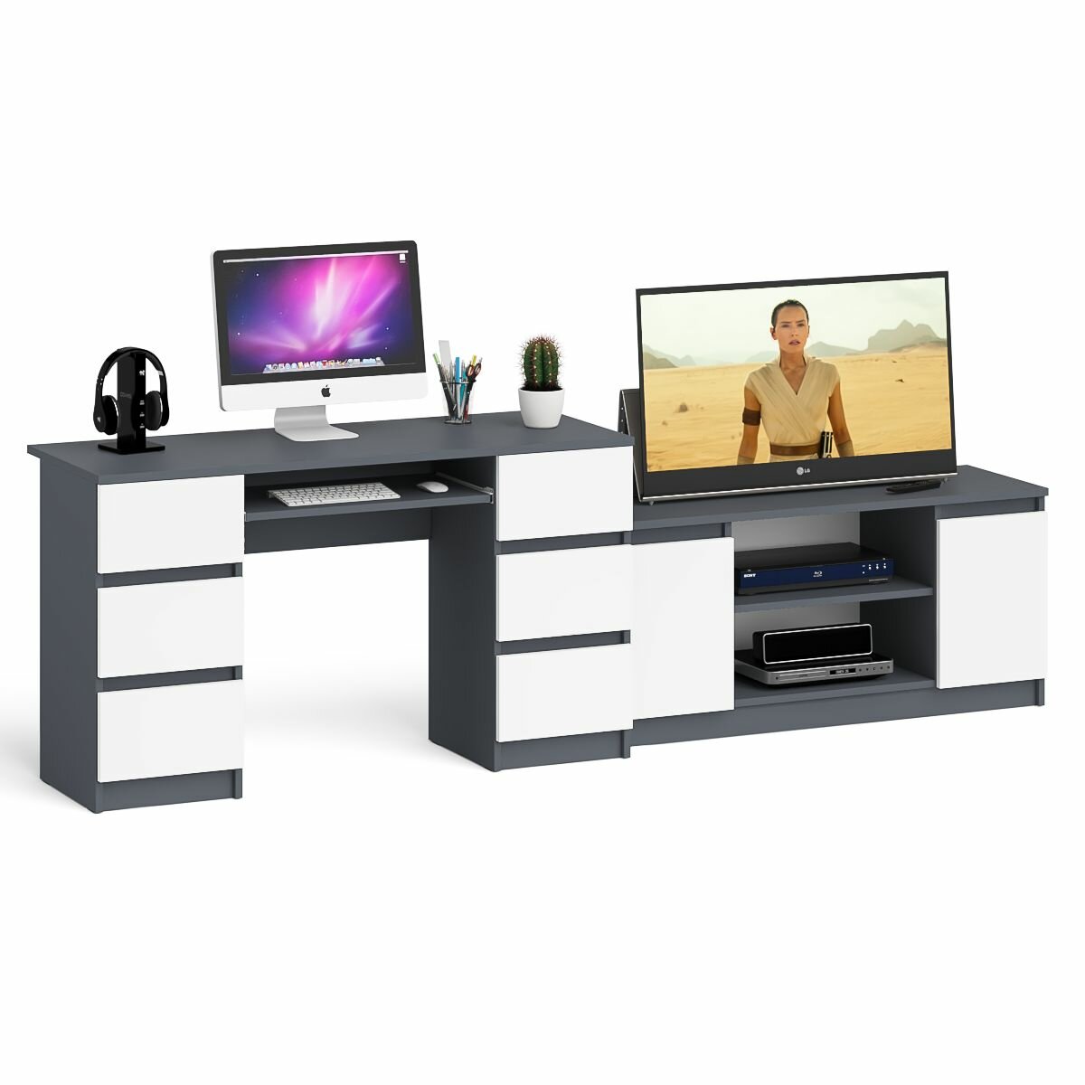 Тумба СВК Мори МТВ1200.1 и двухтумбовый стол компьютерный цвет графит/белый, 255,8х50х76,6 см.