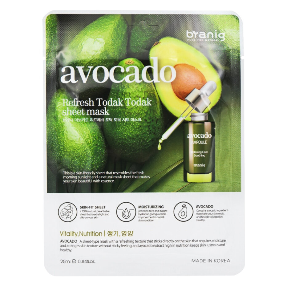 Маска для лица Branig Avocado Refresh Todak-Todak Sheet Mask, 25 мл, 1 шт
