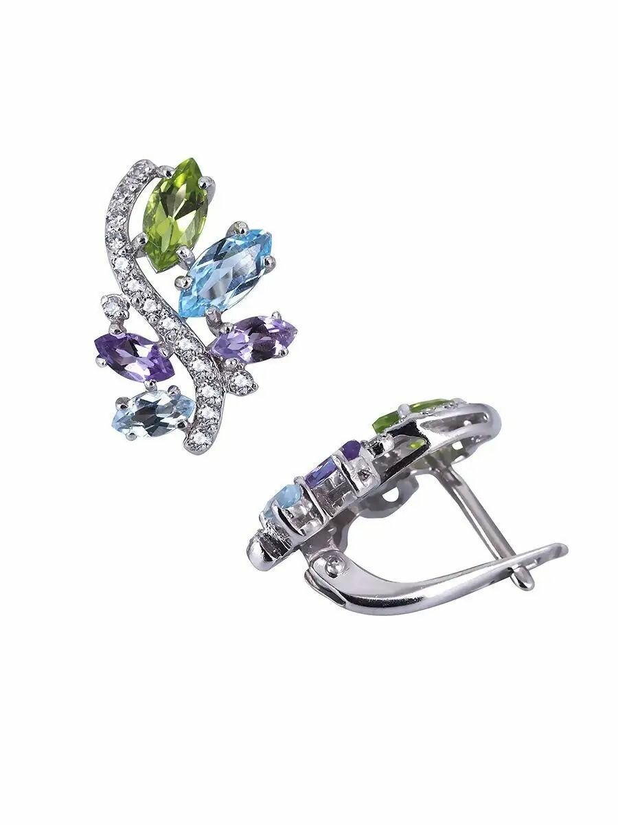 Серьги, серебро, 925 проба, родирование, аметист, хризолит, фианит, топаз