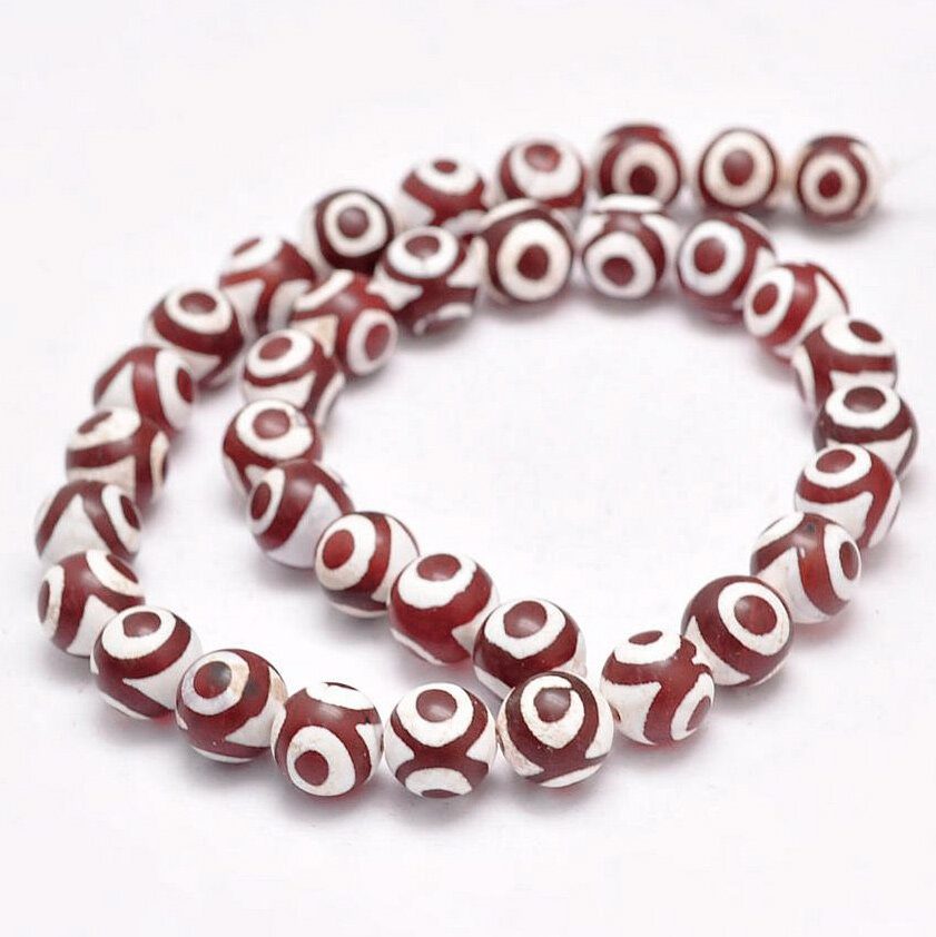 Бусины каменные, агат Дзи, 3 глаза, 10мм, коричнево-красные с белым, 17 шт, низка