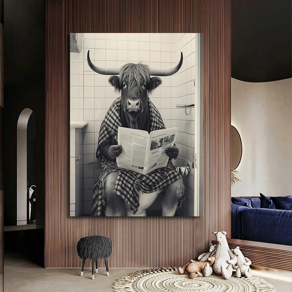 Картина в туалет, ванную комнату Бык читает, 20х30 см.