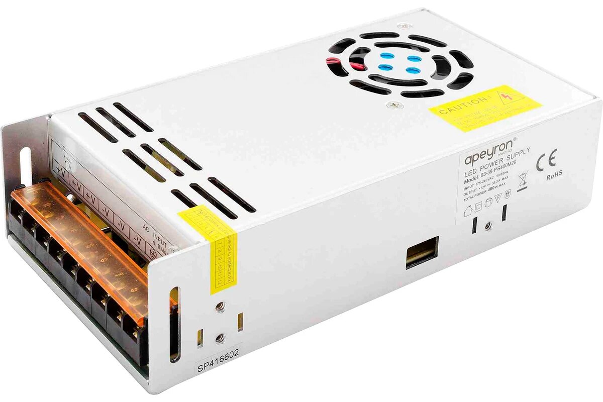 Apeyron блок питания 12В 400Вт IP20 33,3А 215×115×52 мм для промышленных систем