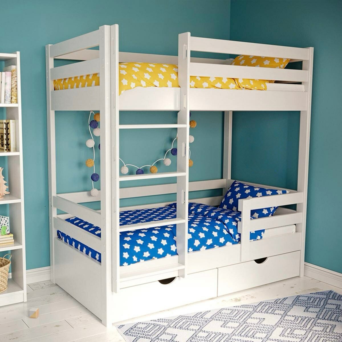 Двухъярусная белая кровать "Эльбрус" 70х190 см с выкатанными ящиками