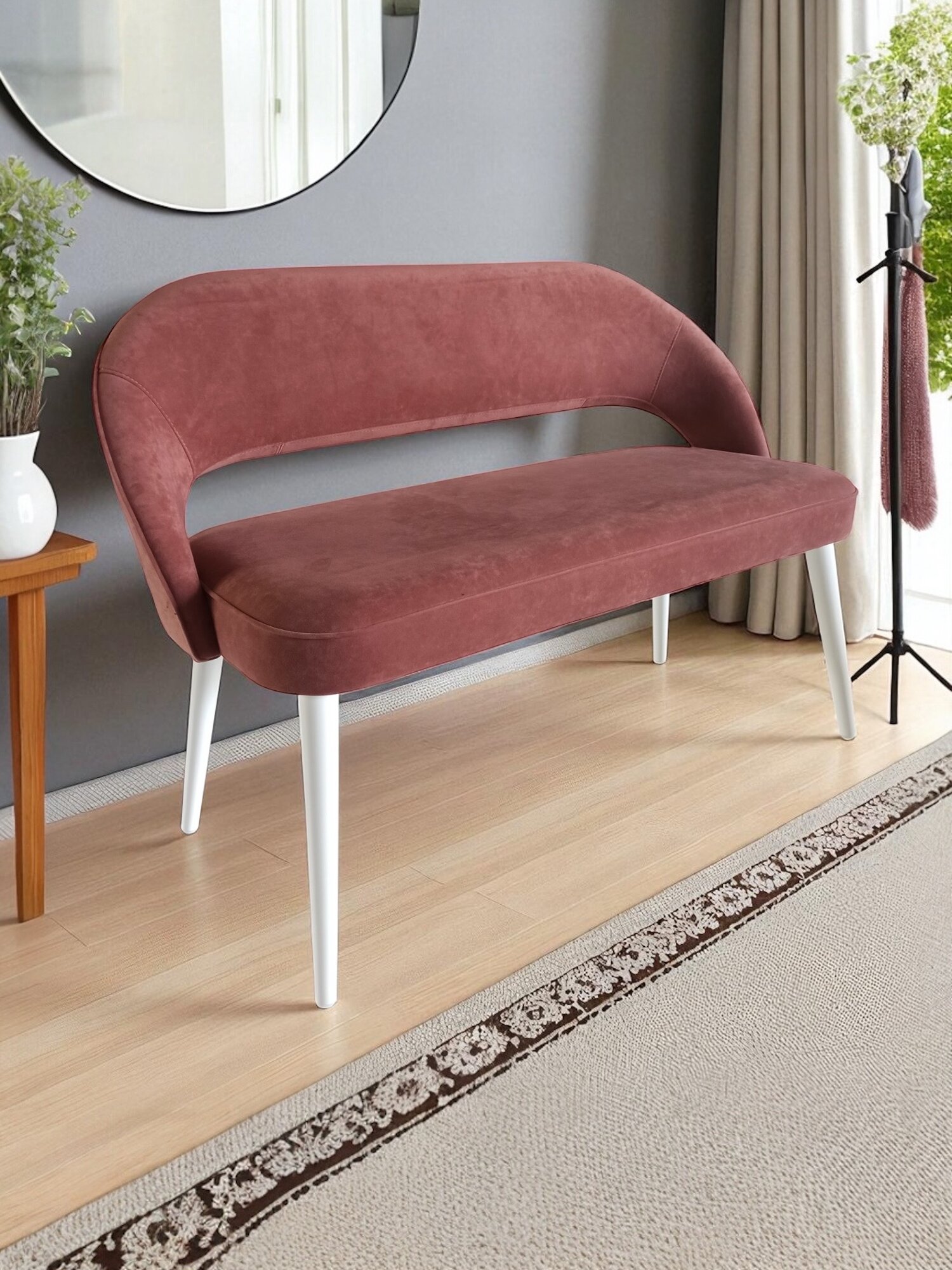 Диван на кухню, на балкон, в прихожую. Цвет ткани вишневый (розовый), Цвет ножек белый