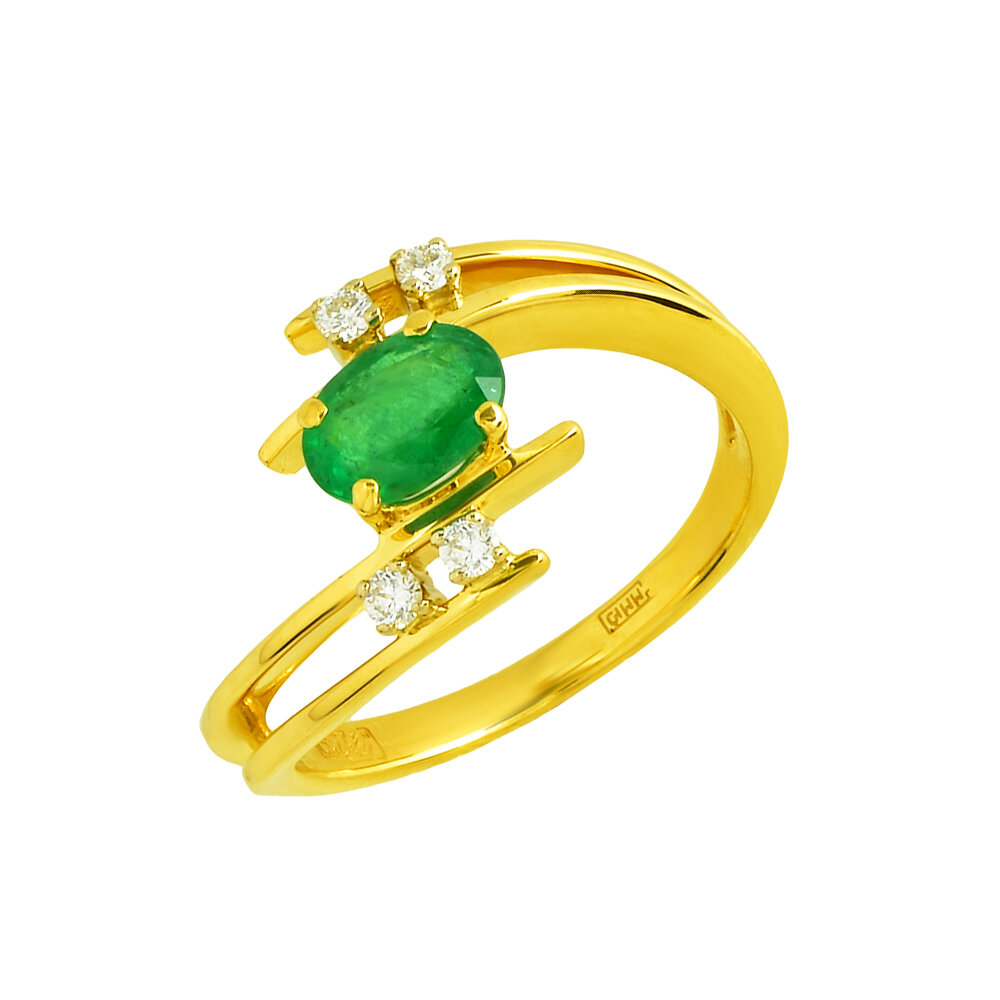 кольцо из желтого золота, с бриллиантами, с изумруды природные обработанныеом