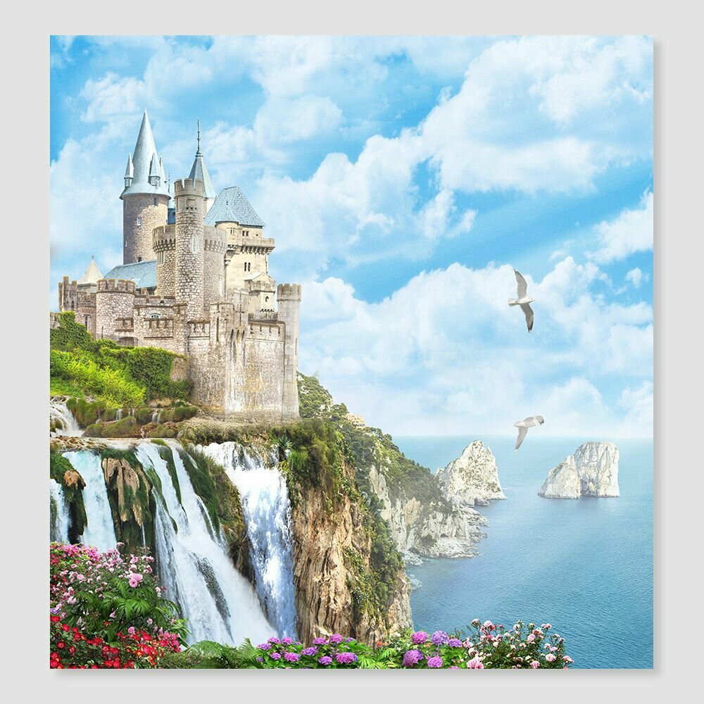 Картина на натуральном холсте Уютная стена "Замок у моря на скале с водопадом" 60х60 см