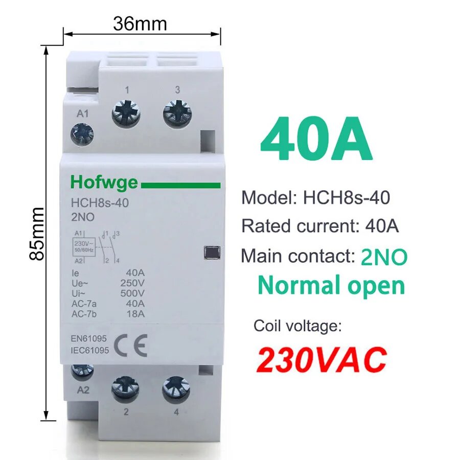 Контактор HOFWGE HCH8s-63 63А 2P 2P 40A 2NO AC230V