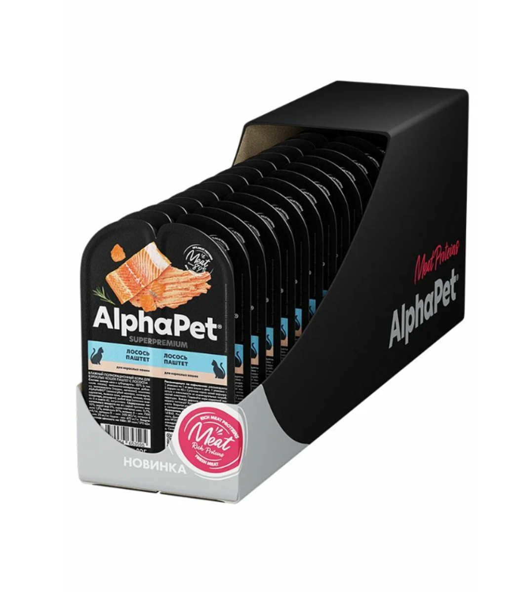 Влажный корм для кошек AlphaPet Superpremium паштет с лососем, упаковка 15 шт х 80 гр
