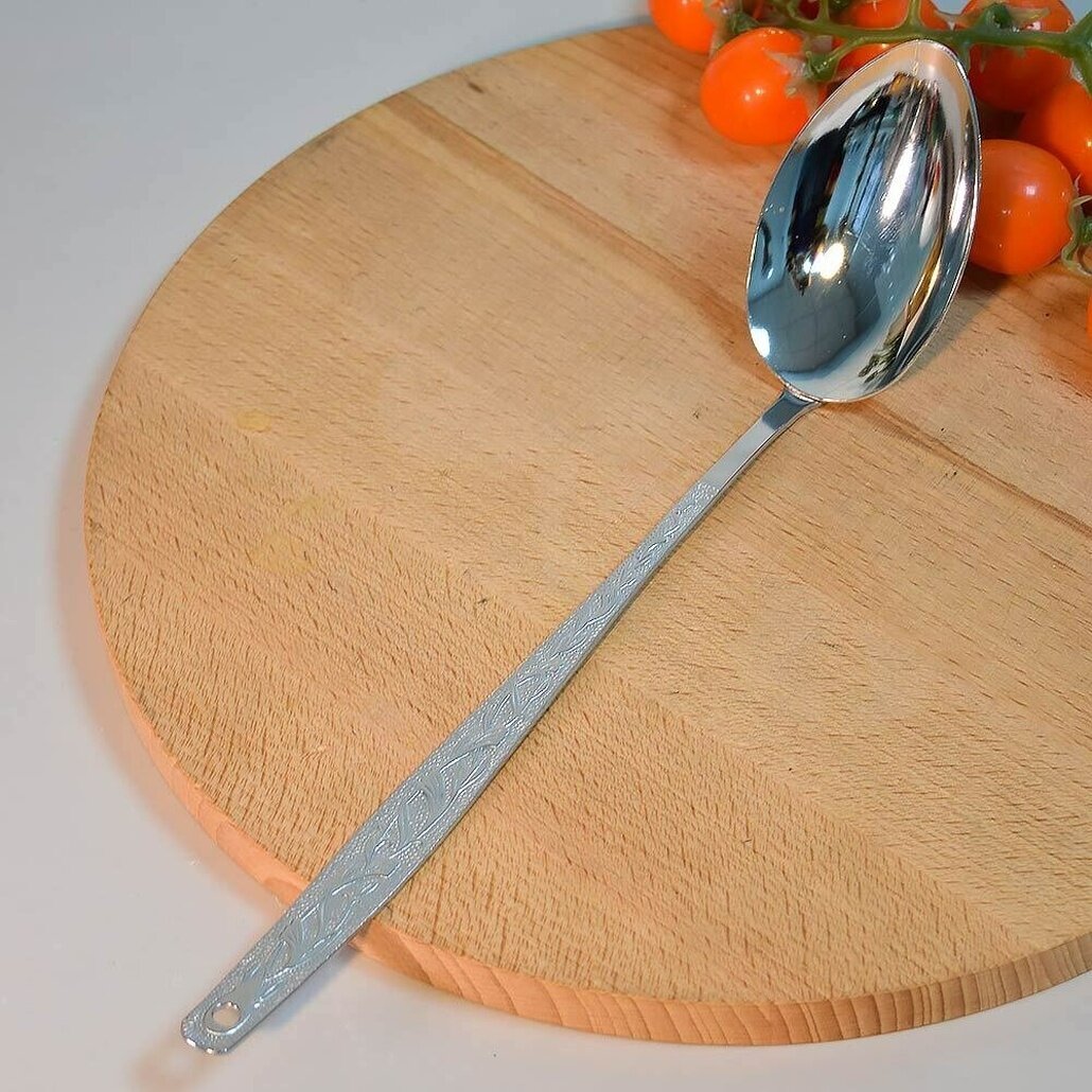 Ложка гарнирная металлическая "Уралочка" 33см, нержавеющая сталь, узорная ручка