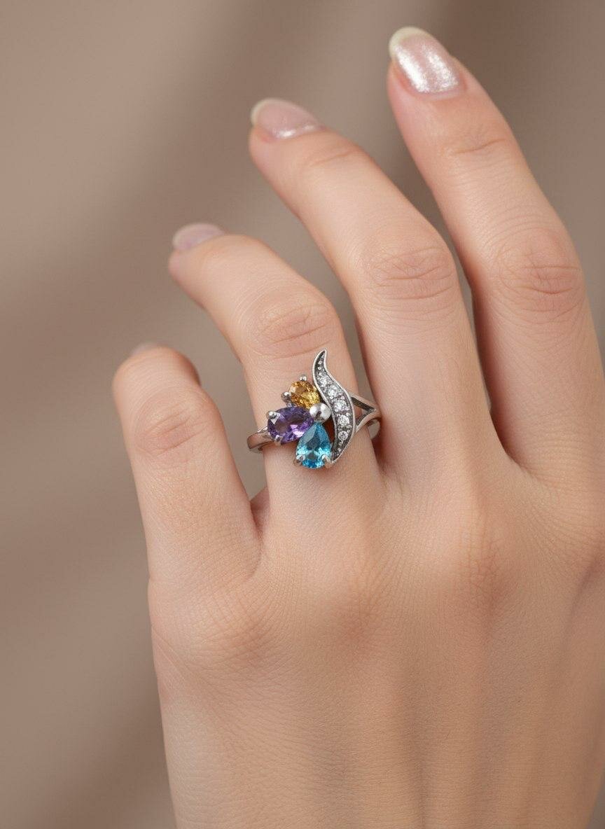 Кольцо тонкое, серебро, 925 проба, родирование, топаз, цитрин, фианит, аметист