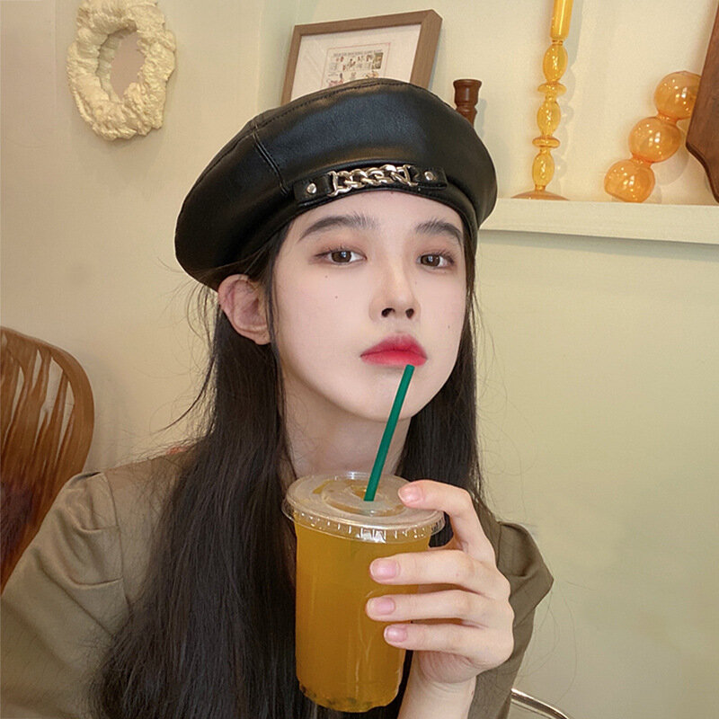 Корейский черный берет из искусственной кожи, модный женский модный интернет-знаменитости, весенне-осенний стиль, небольшой аромат, зимняя шляпа художника в стиле ретро, крутая