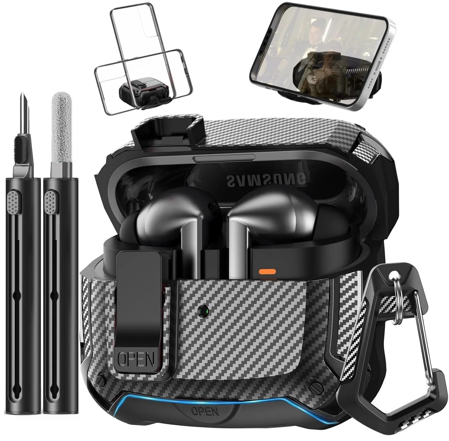 Для Samsung Galaxy Buds 3Pro Чехол/Buds 3, зажим для чехла с подставкой для телефона, защитный чехол с безопасным замком и набором для чистки для мужчин и женщин