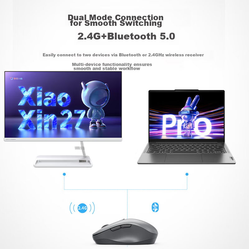 Lenovo Wireless Bluetooth Dual-Mode Mouse, Bluetooth 5.0/3.0, Portable Office, Ergonomic, Quiet, Xiaoxin M1 Dual-Mode Gray