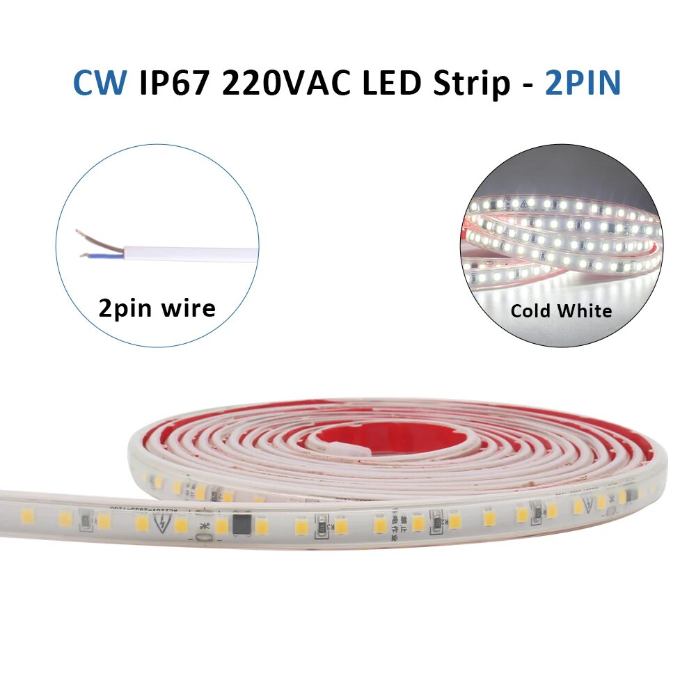 Светодиодная лента 220В CW IP67 20м, 2Pin