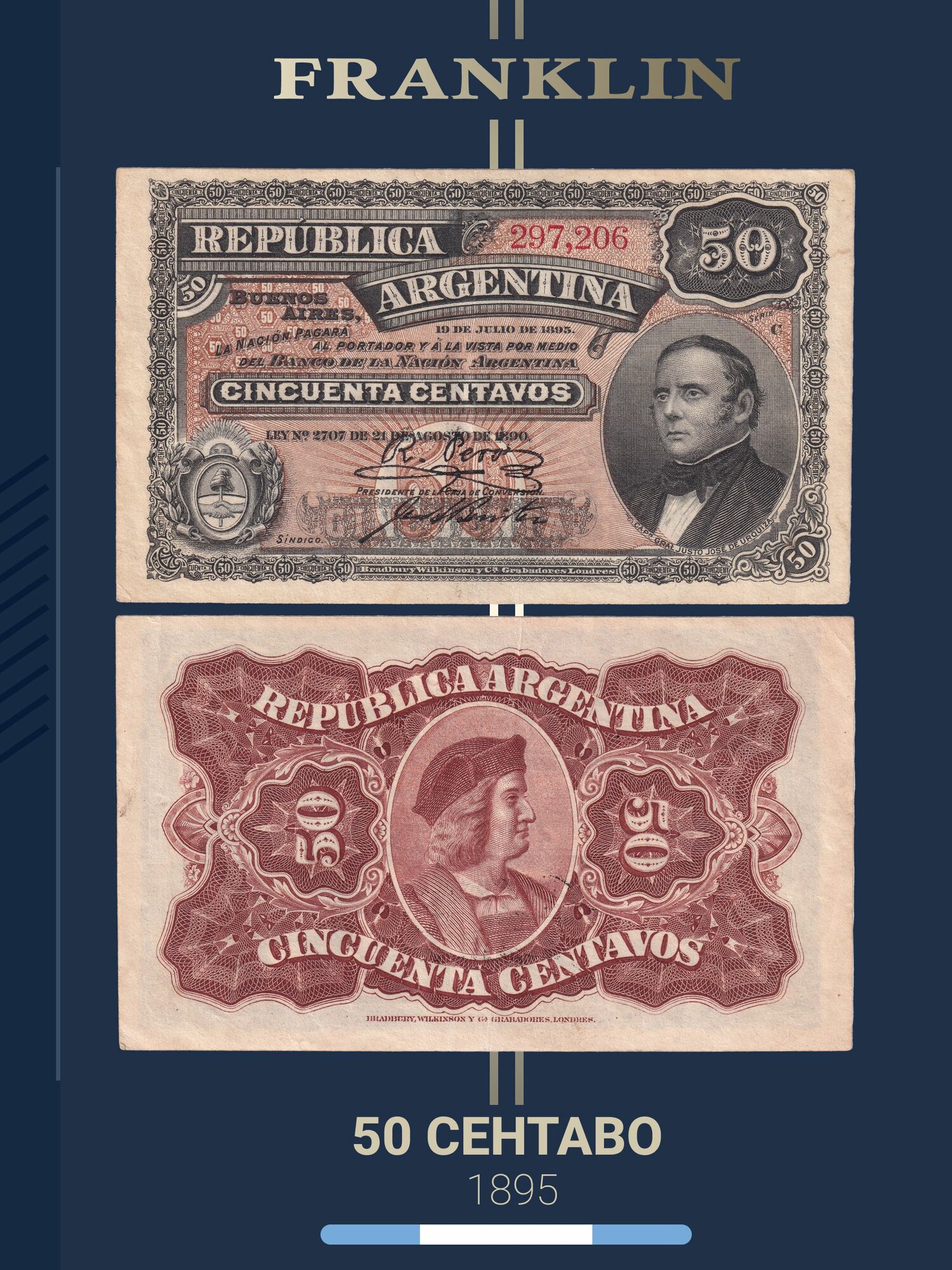 Банкнота Аргентина 50 сентаво 1895 год (VF) Pick 230