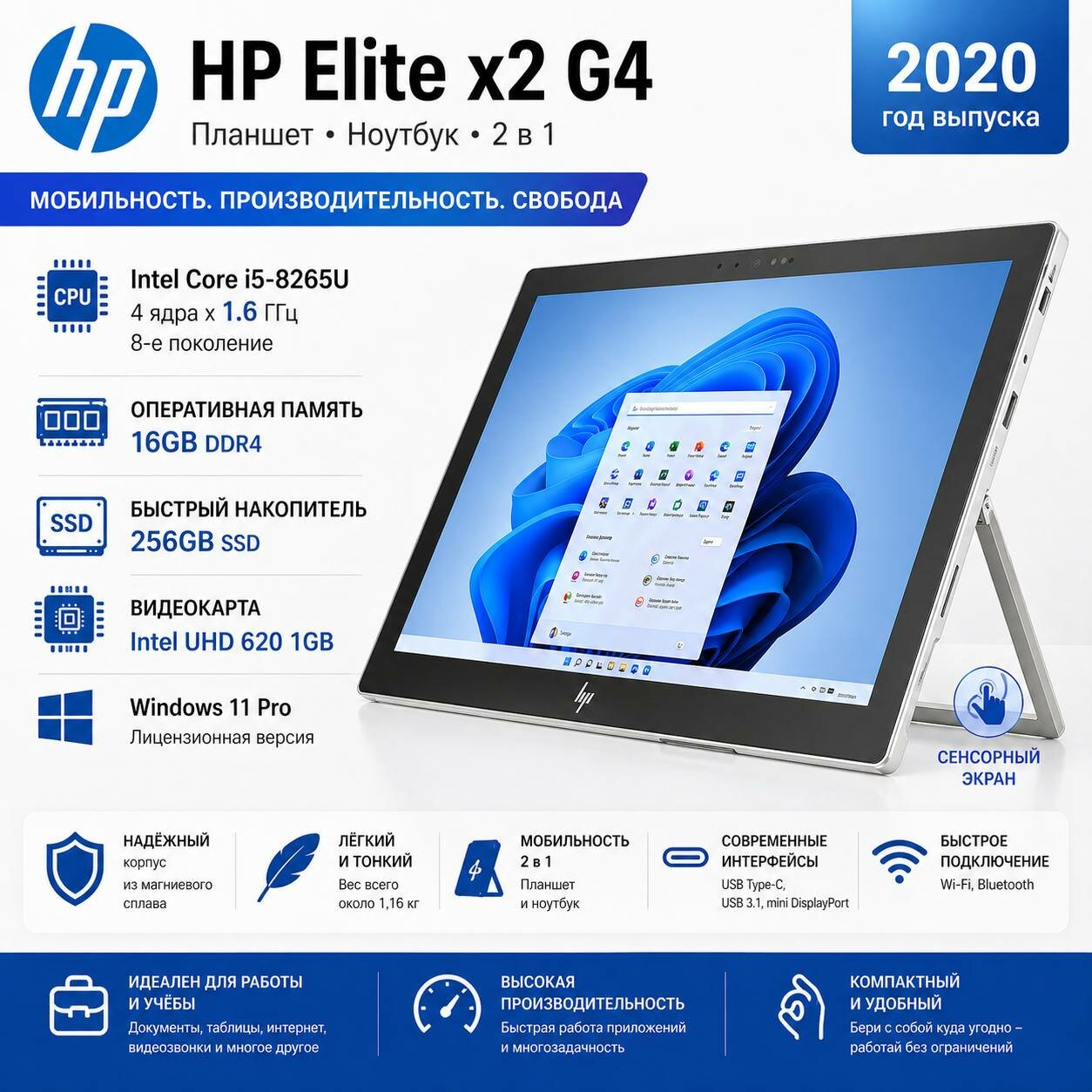 Планшет Ноутбук HP Elite X2 G4 2020 Core i5-8265U 4 x 1.6Ггц / ОЗУ 16Gb / SSD 256Gb / Intel UHD 620 1Гб / Windows 11 Pro