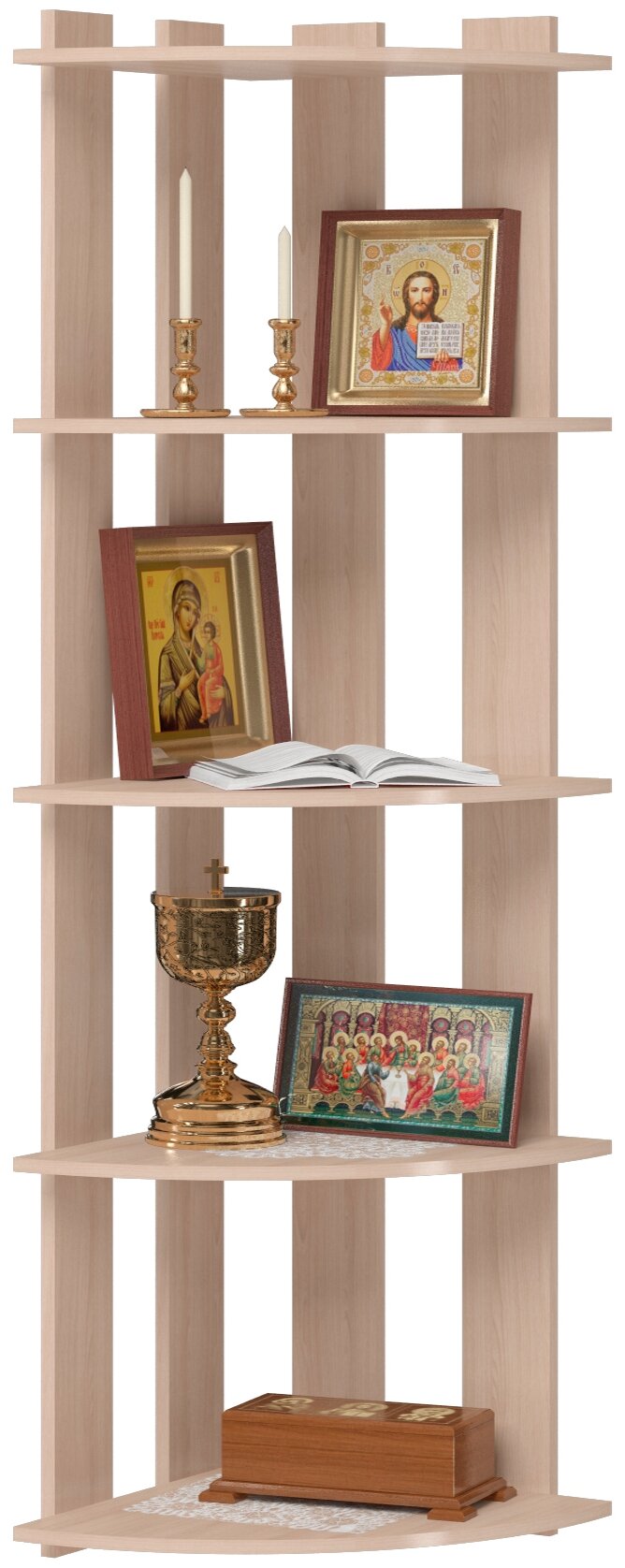 Стеллаж для икон угловой (ширина*глубина*высота: 42х42х180 см) цвет: Ясень шимо светлый
