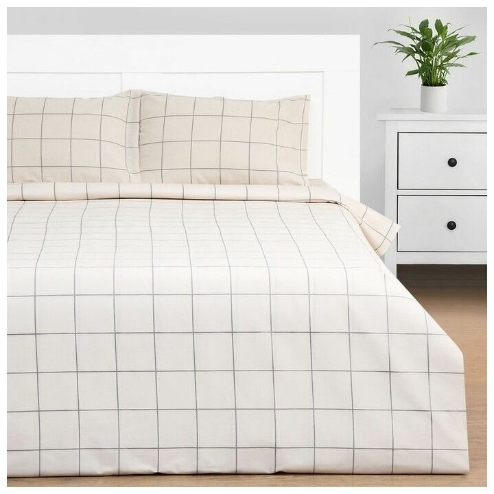 Постельное бельё Этель 2 сп "Клетка" цвет бежевый 175х215, 200х220, 50х70-2 шт, бязь, 125 г/м2