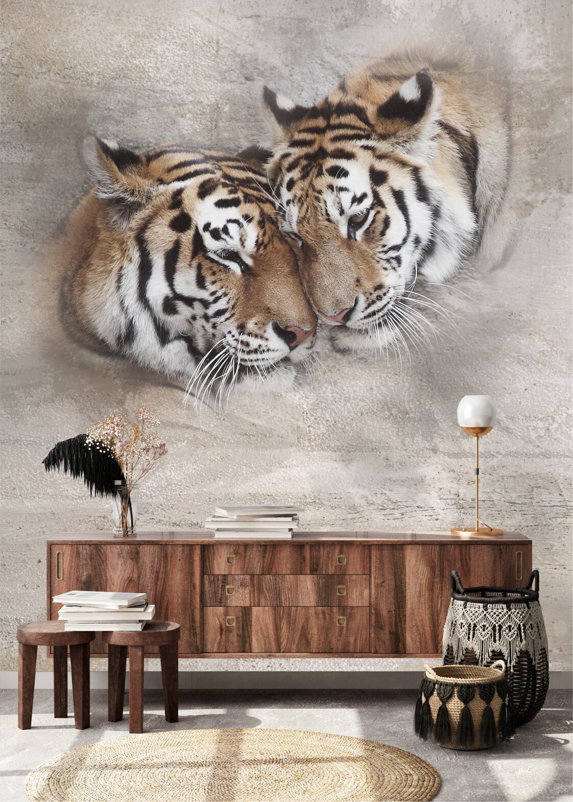 Фотообои "Пара тигров в стиле гранж" 200*260 см. /Фотообои на стену с животными