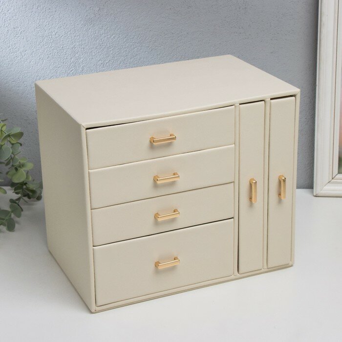 Шкатулка для украшений «Комод с золотистыми ручками», искусственная кожа, белая, 16.3×18×22.5 см