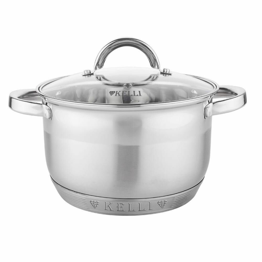 Кастрюля 6,6 л нержавеющая сталь с крышкой, для индукционных плит KELLI Lily, нержавейка с толстым дном 6,6 литра для газовой плиты