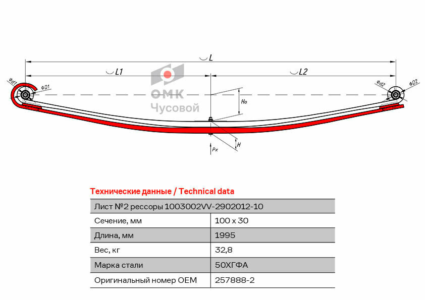 Лист №2 Рессора передняя для Volvo FH, FM12, FM10 2 листа