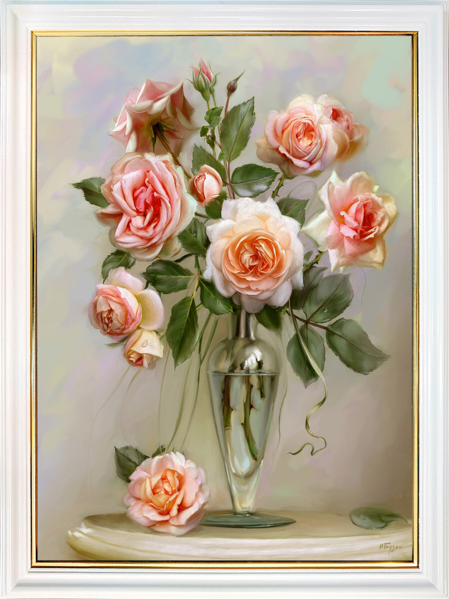Картина, "Розы на мраморном столике", 30х40 см, художник - Бузин Игорь, оформлена в багет, Арт. БИ2-30х40