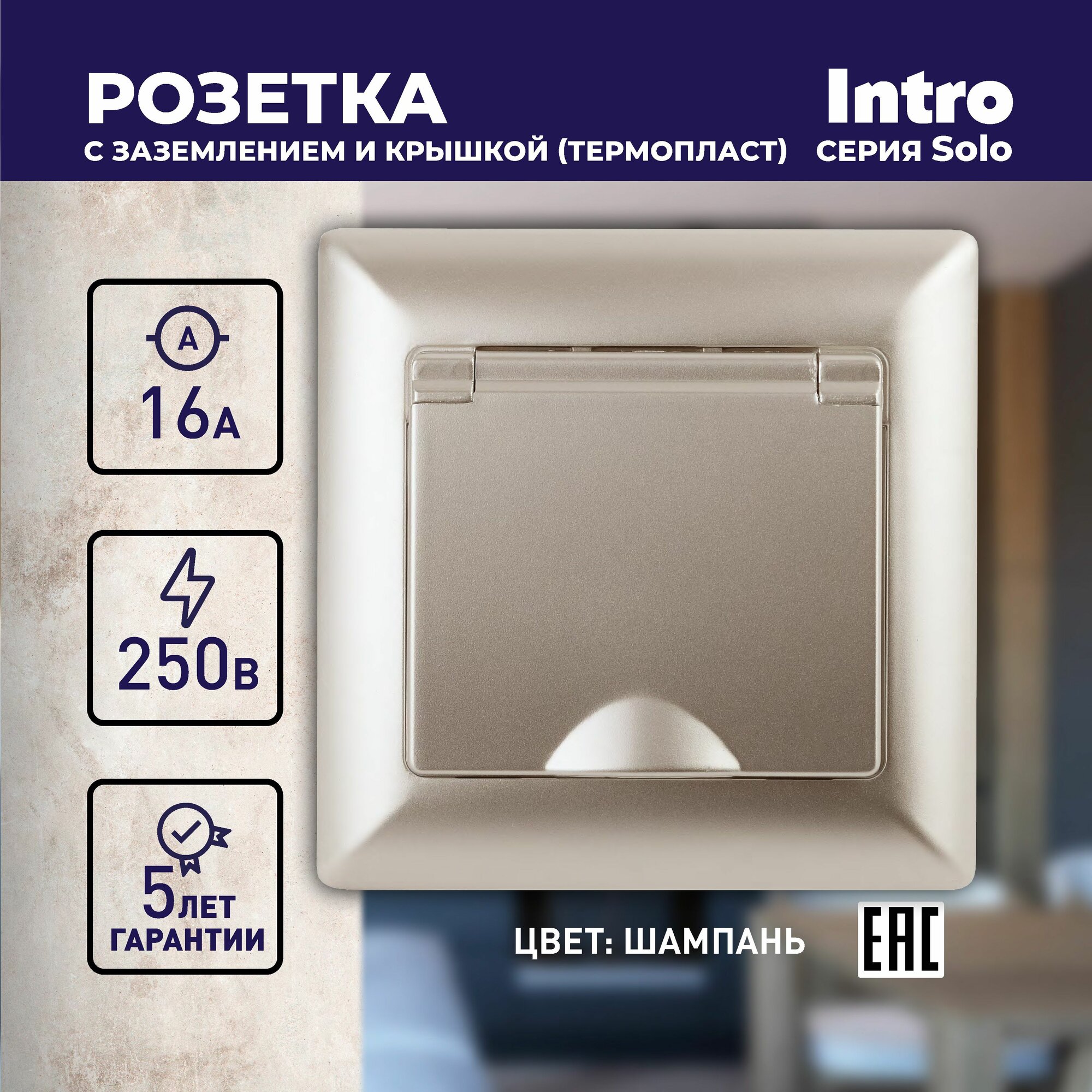 Розетка Intro Solo 4-203-04 с заземлением 2P+E Schuko с крышкой 16А-250В IP20 скрытой установки шампань