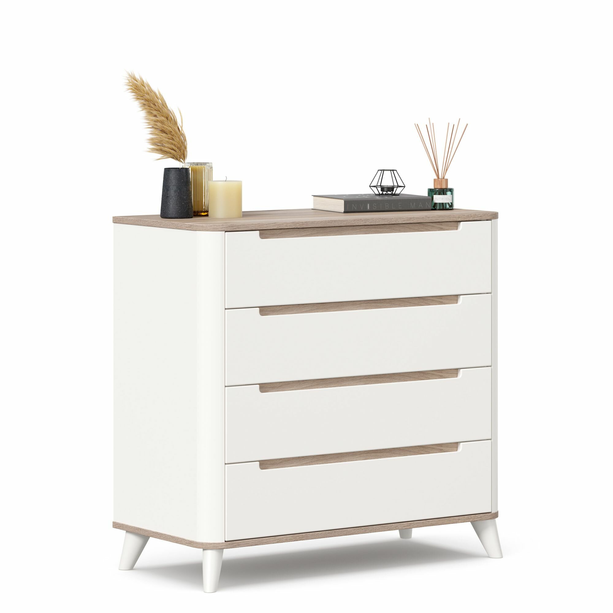 Комод для одежды деревянный Стефания с 4 ящиками, 89х42.6х86 см, Дуб Маувелла PR/Белый
