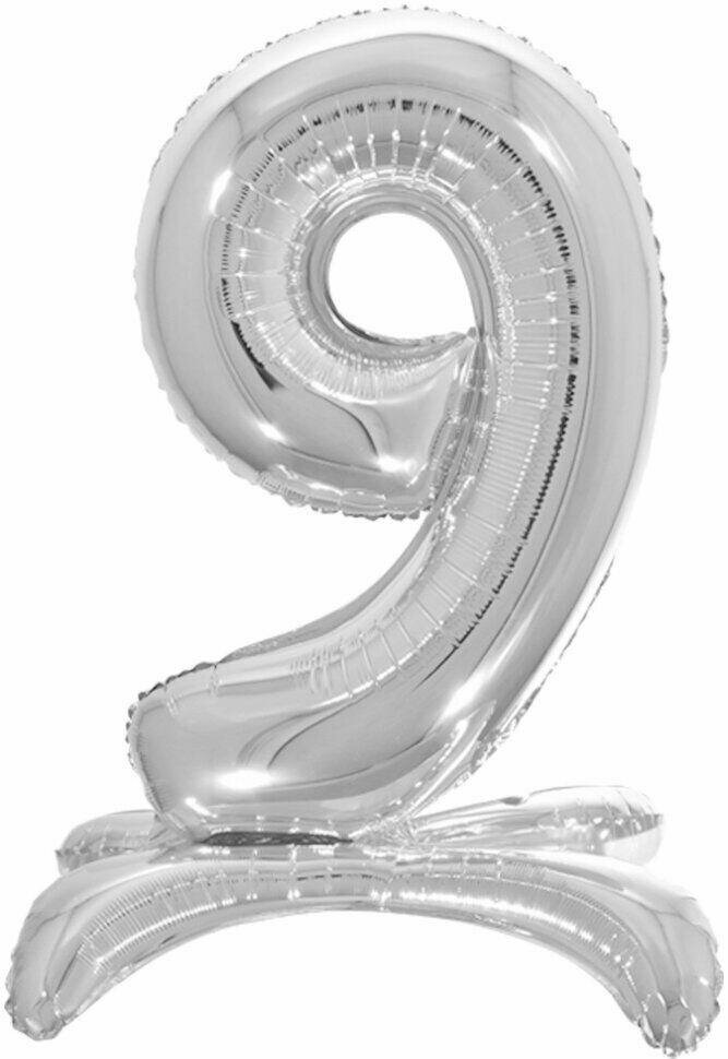 Шар (32'/81 см) Цифра, 9 на подставке, Серебро, 1 шт. в упак.