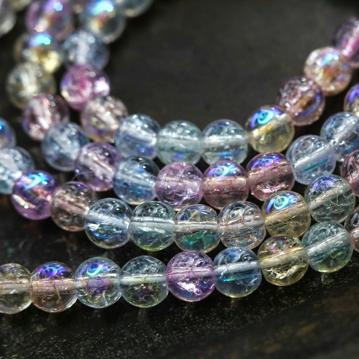 Бусины стеклянные круглые 50 шт, эффект кракле, цвет пастельный микс АВ, 4 мм