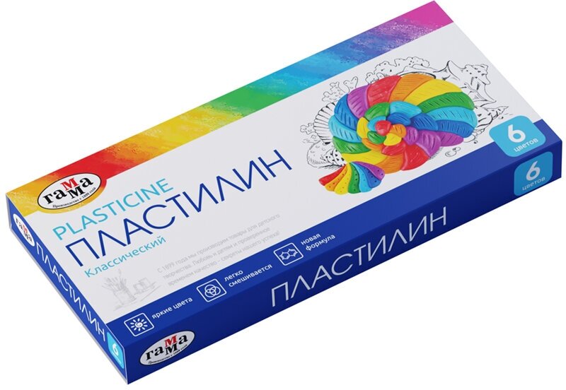 Гамма Пластилин Гамма "Классический", 06 цветов, 120г, со стеком, картон. упак.