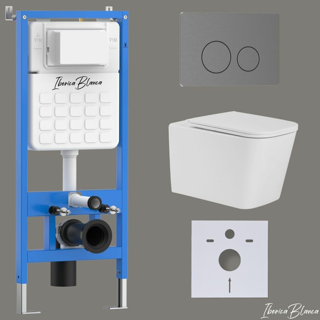 Комплект 6 в 1 инсталляция, унитаз торнадо безободковый белый TOLEDO ALTO (IB. TLA.234.1B1), клавиша смыва вороненая сталь, нержавеющая сталь INOX-О (IB. B081.008.000) IBERICA BLANCA