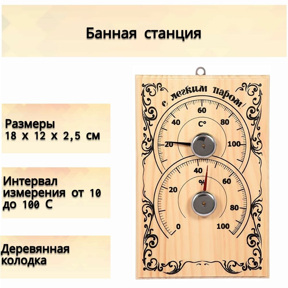 Станция банная (термометр+гигрометр) 18х12х2,5 см. Современный технологичный прибор для контроля температуры и относительной влажности в бане, сауне, хаммаме