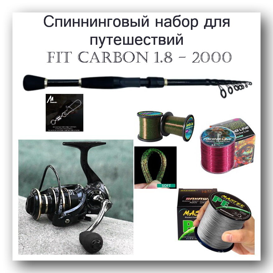 Готовый набор для рыбалки, спиннинг телескопический комплект с катушкой плетеным шнуром и карабином, трэвел - спиннинг.