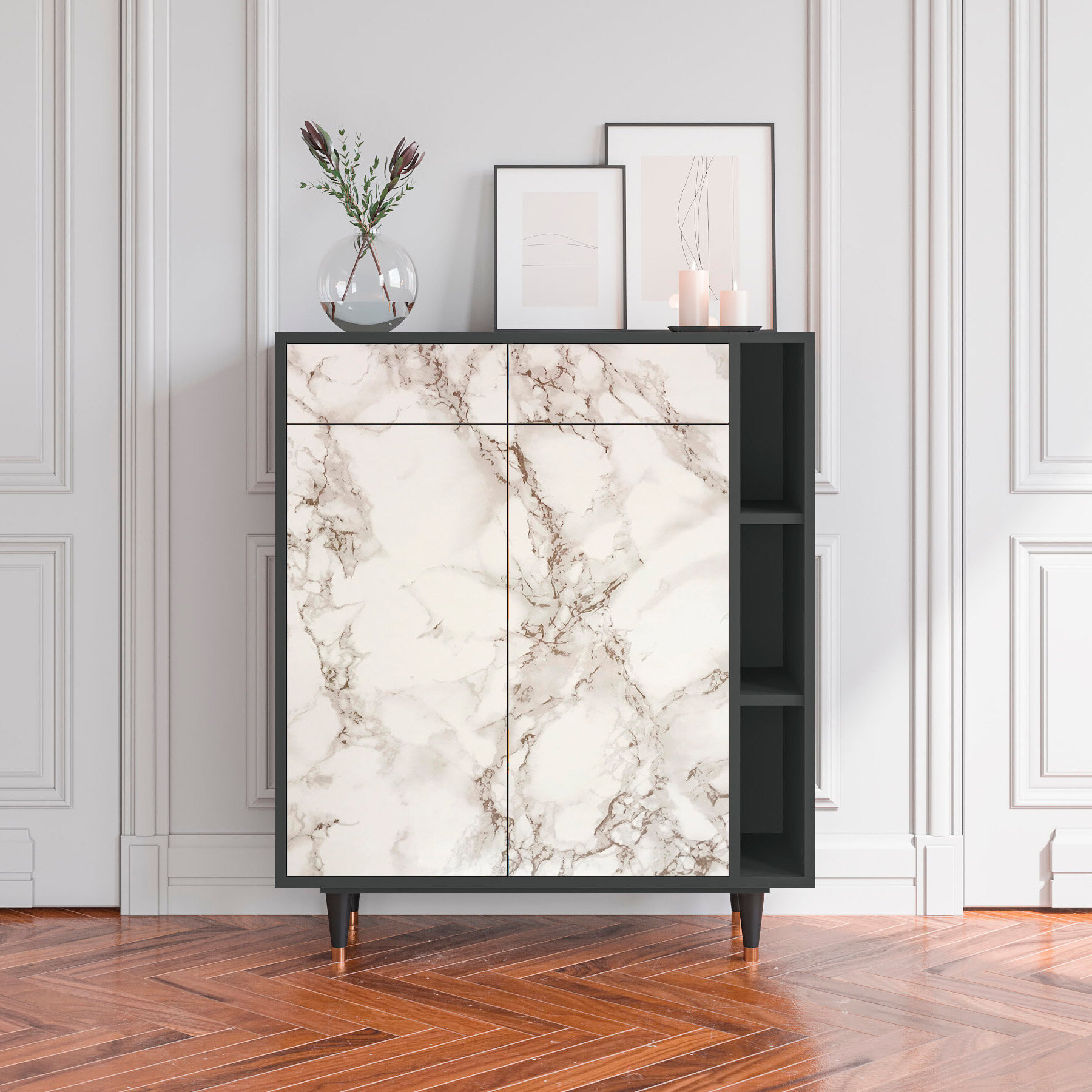 Комод - STORYZ - BS6 Milk Marble, Размер - 94 x 110 x 41 см, Цвет корпуса - , Антрацит